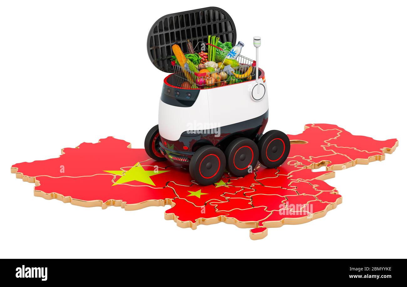 Autonomous delivery robot in China, 3D rendering isolated on white ...