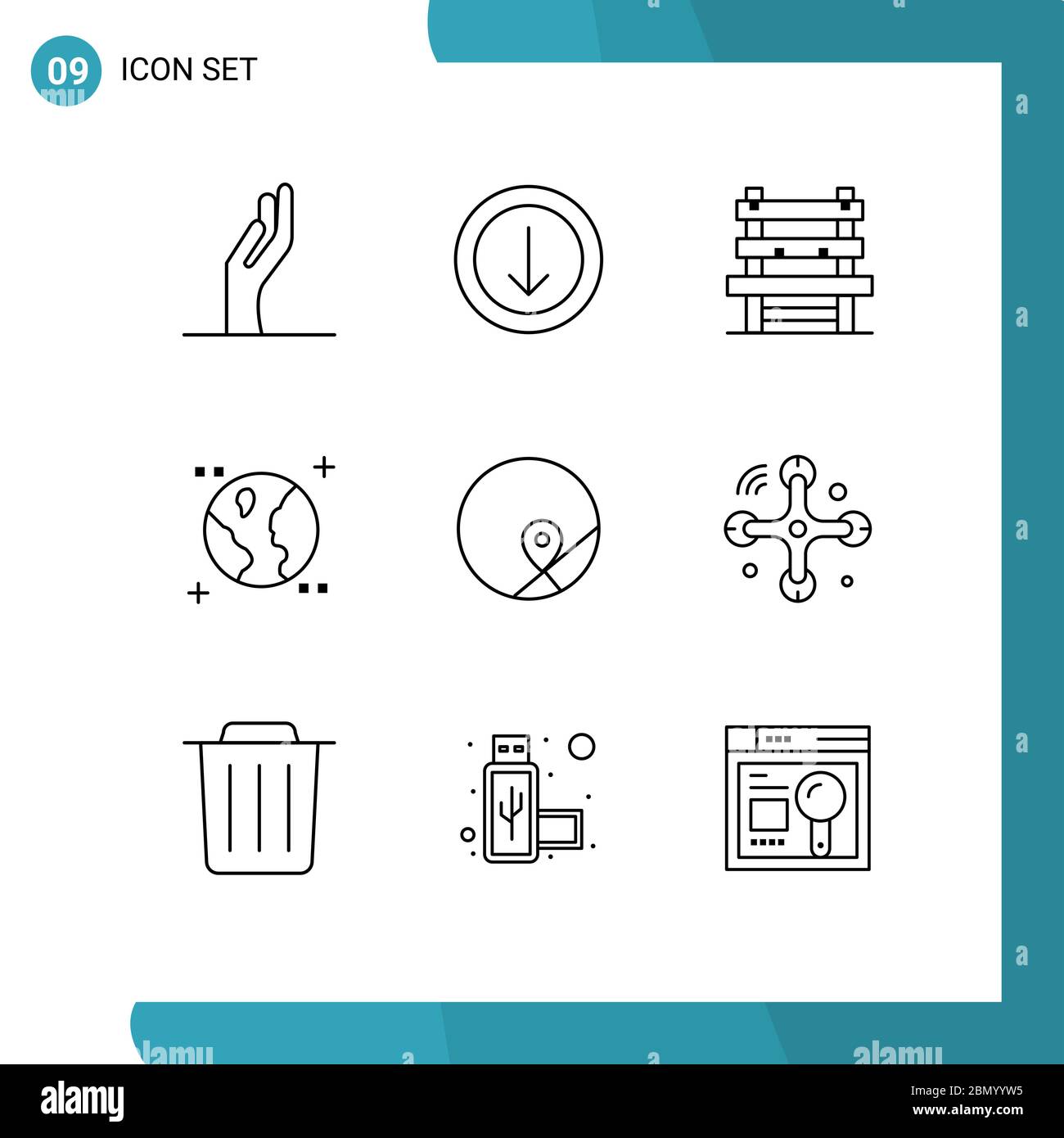 Group of 9 Outlines Signs and Symbols for communications, location ...