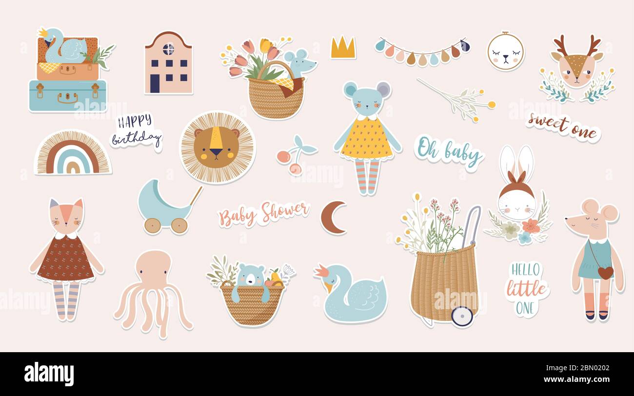 Trendy baby and children illustrations, stickers, tattoos. Vintage ...