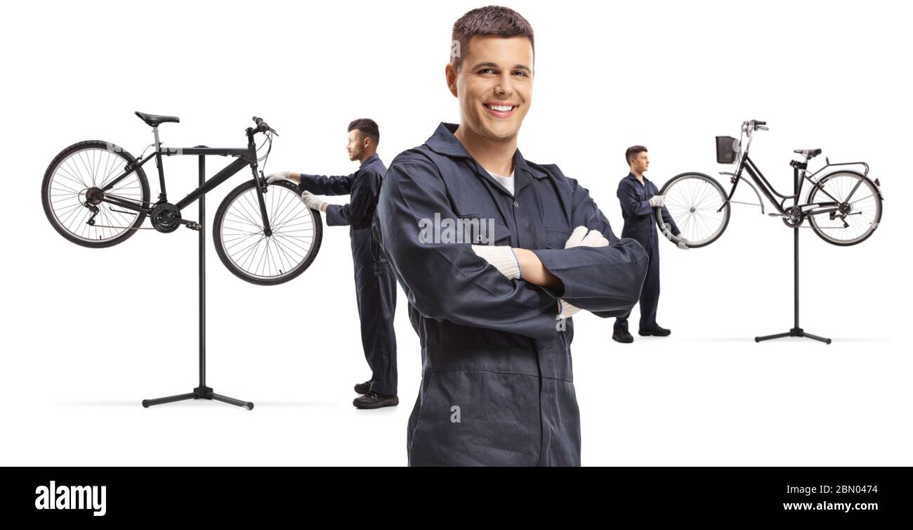 Bicycle repair workshop with workers mending bicycles isolated on white ...