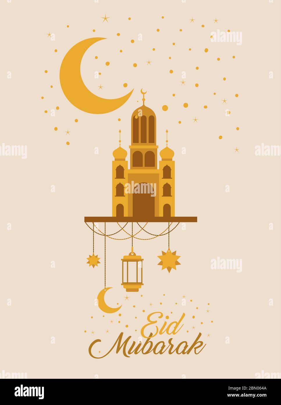 Eid mubarak gold temple with moon hanger lantern and stars vector ...