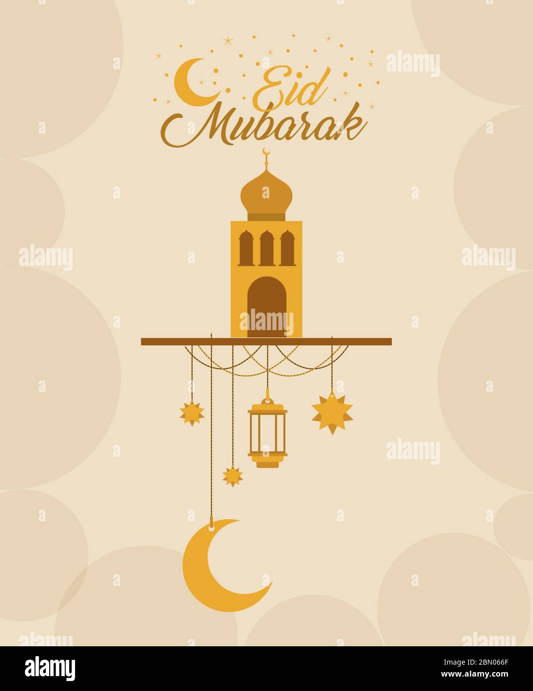 Eid mubarak gold temple with moon hanger lantern and stars vector ...