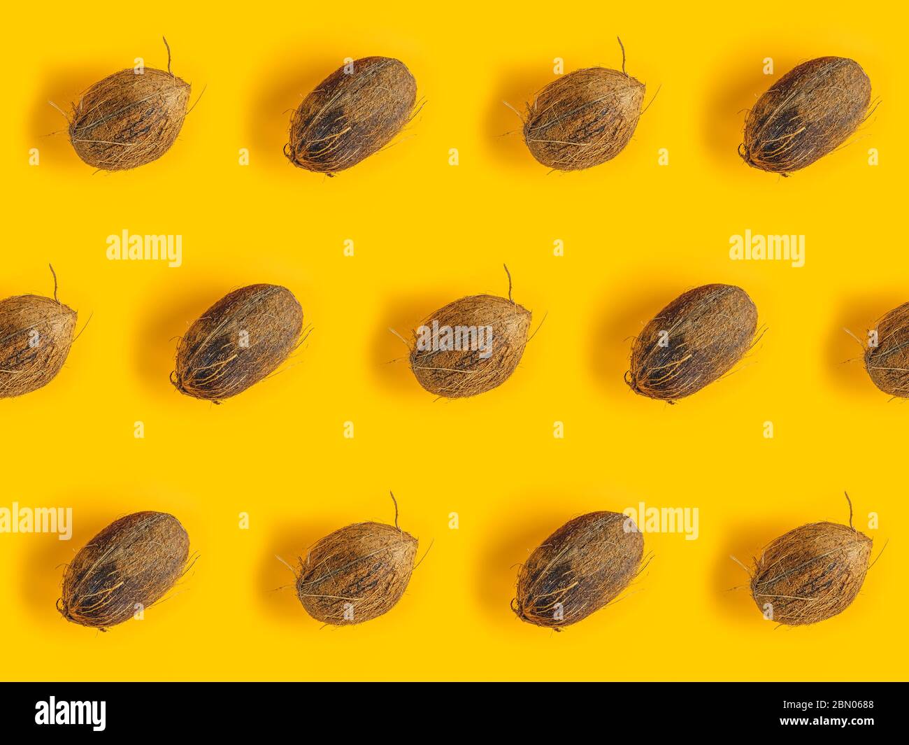 Pattern with ripe coconuts on yellow background. Top View. Copy Space ...