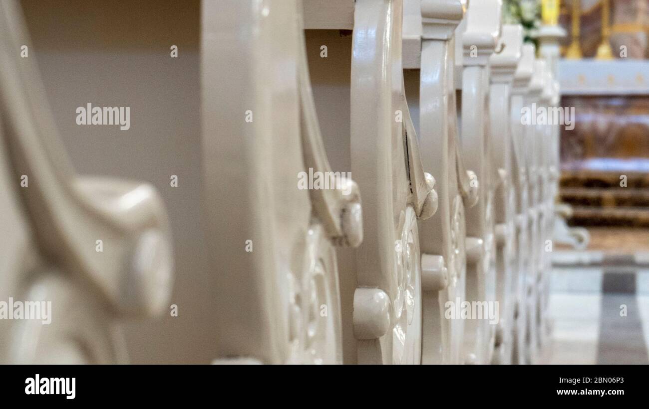 Wooden Benches in Catholic Church Aglona, Latvia. Catholic Temple Seats ...