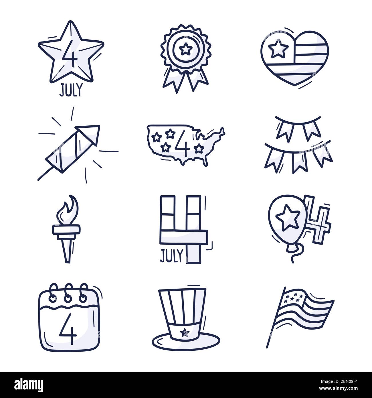 4 July icon set. Usa Independence Day hand drawn doodle Icons Isolated ...