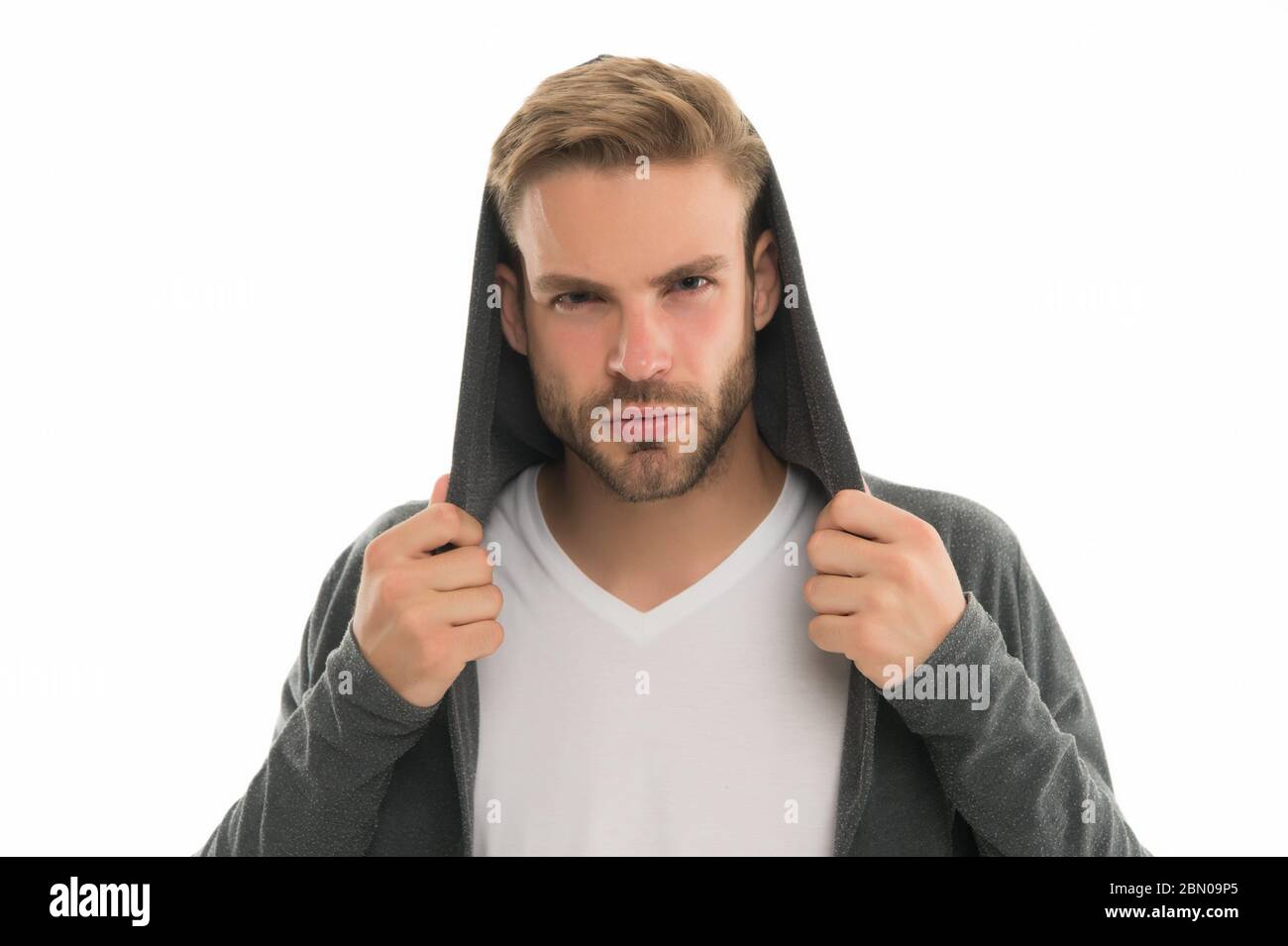 Hooded and unshaven. Unshaven guy isolated on white. Unshaven look of ...