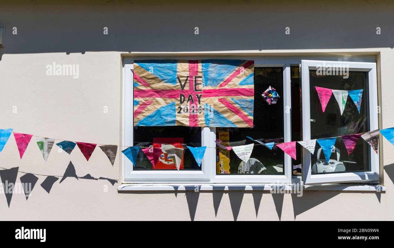 Colourful home-made Union Jack flag and bunting to celebrate VE Day, 8 ...