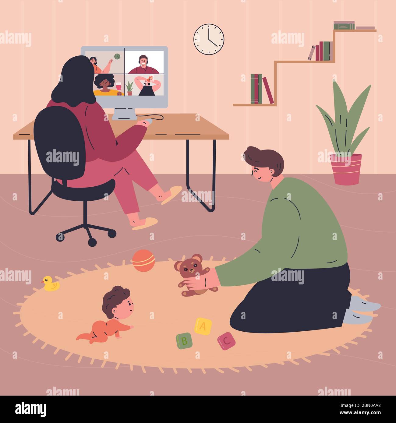 Young family working remotely during quarantine Stock Vector Image ...