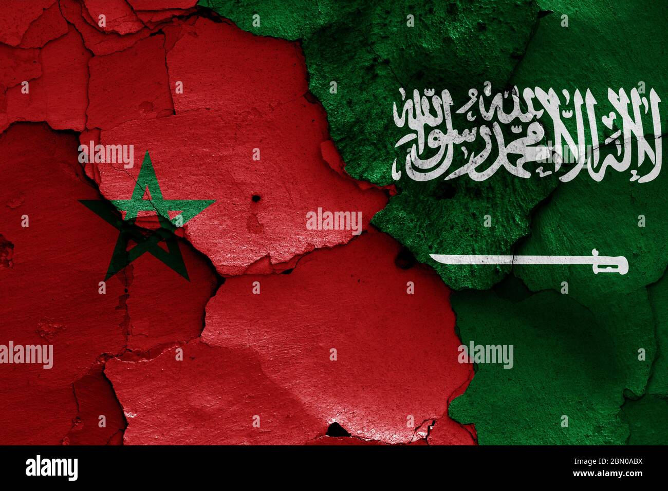 flags of Morocco and Saudi Arabia painted on cracked wall Stock Photo ...