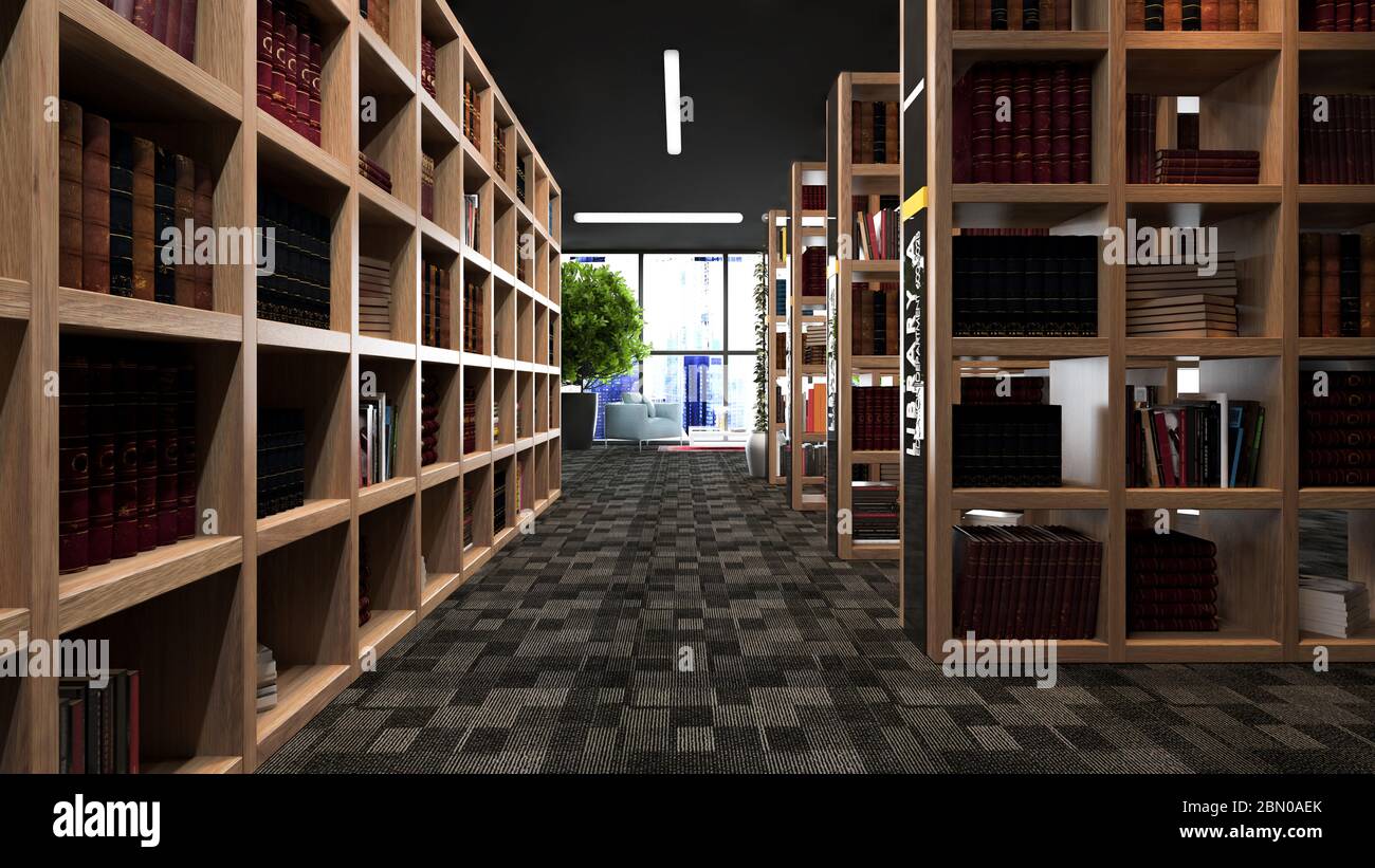 Modern library design with wooden bookcases with carpet 3D rendering ...