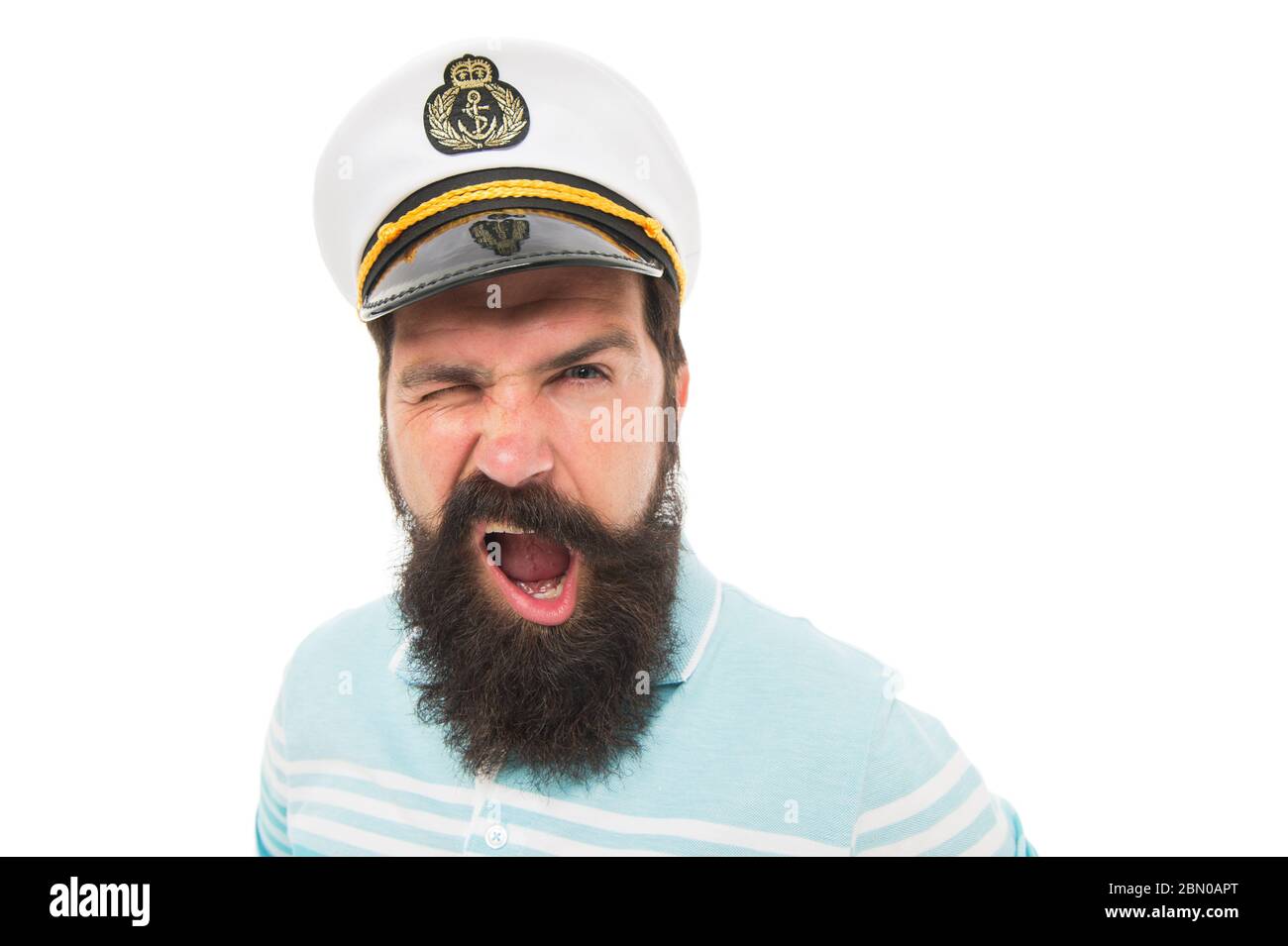 Winking sailor copy space. Bearded sailor isolated on white. Navy and ...