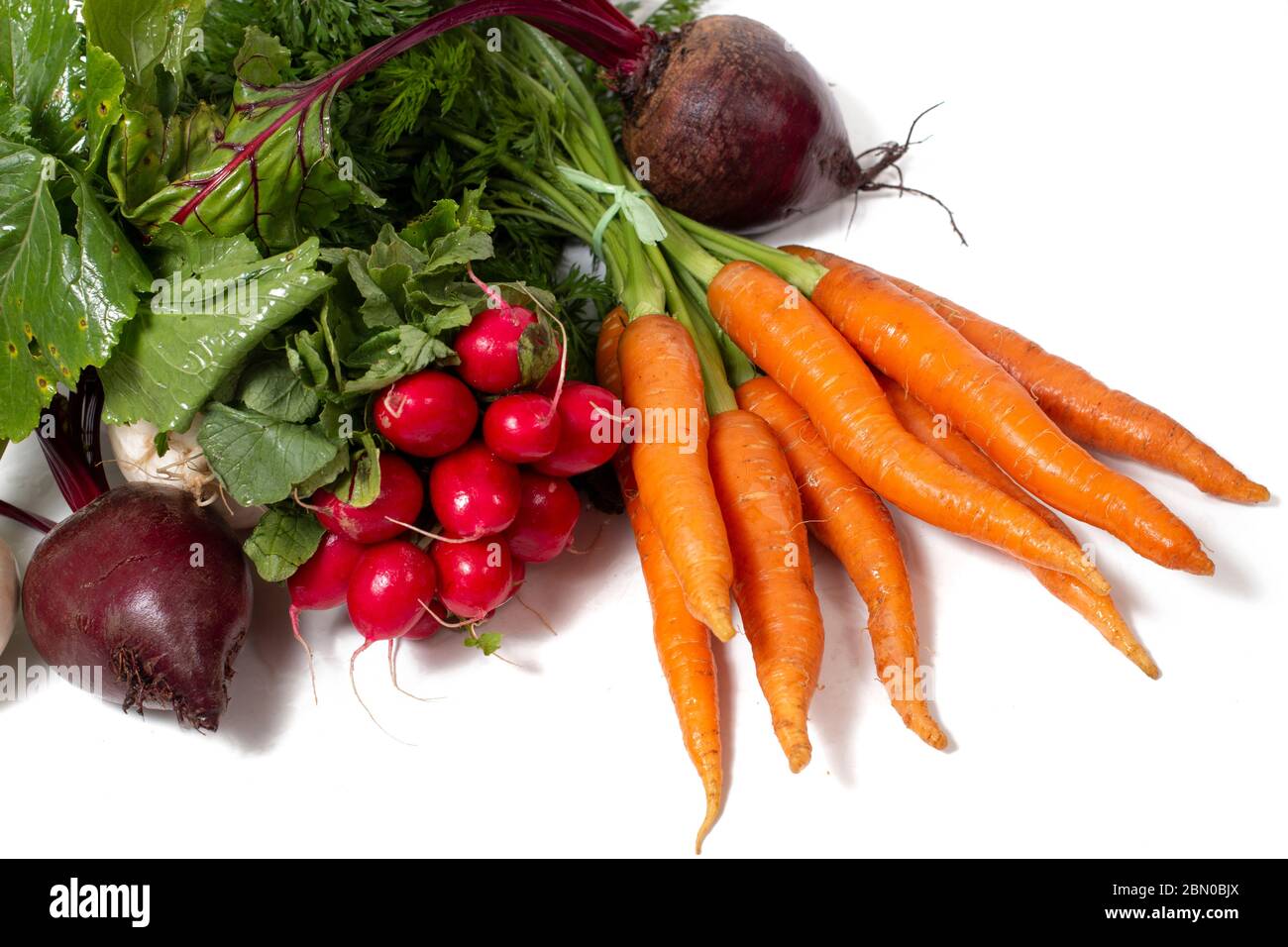 fresh organic vegetable roots from the grocery market isolated on a ...