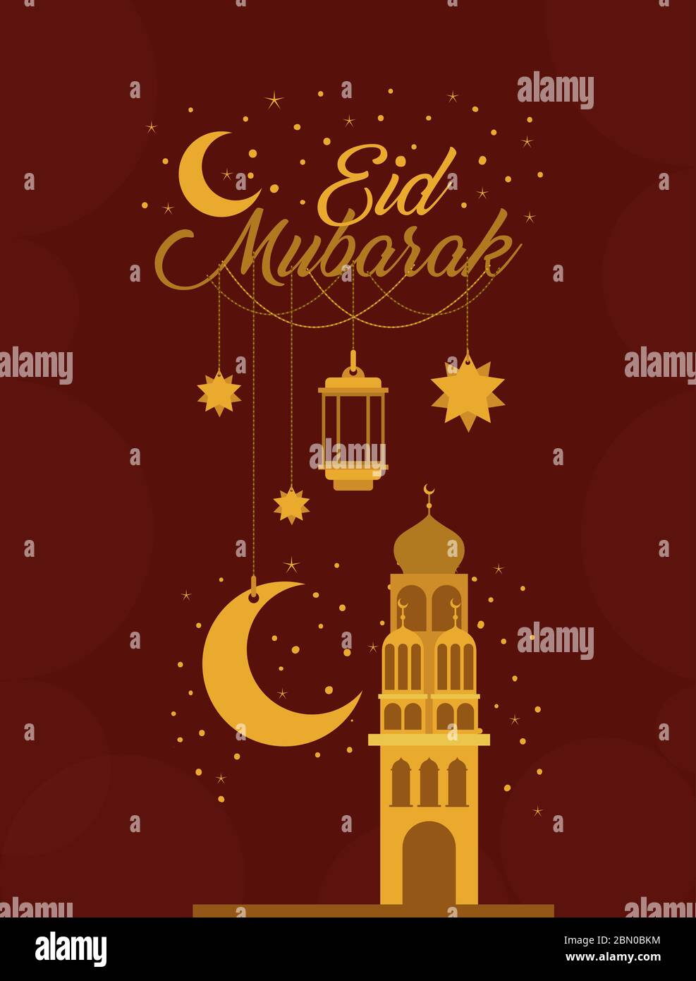 Eid mubarak gold temple with moon hanger lantern and stars vector ...