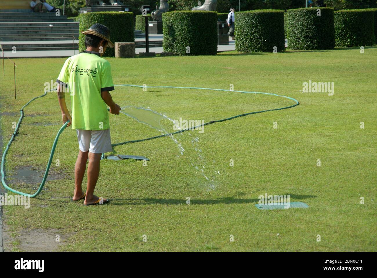 Man watering grass, Maha bandoola garden, Yangon, Myanmar, Asia Stock ...