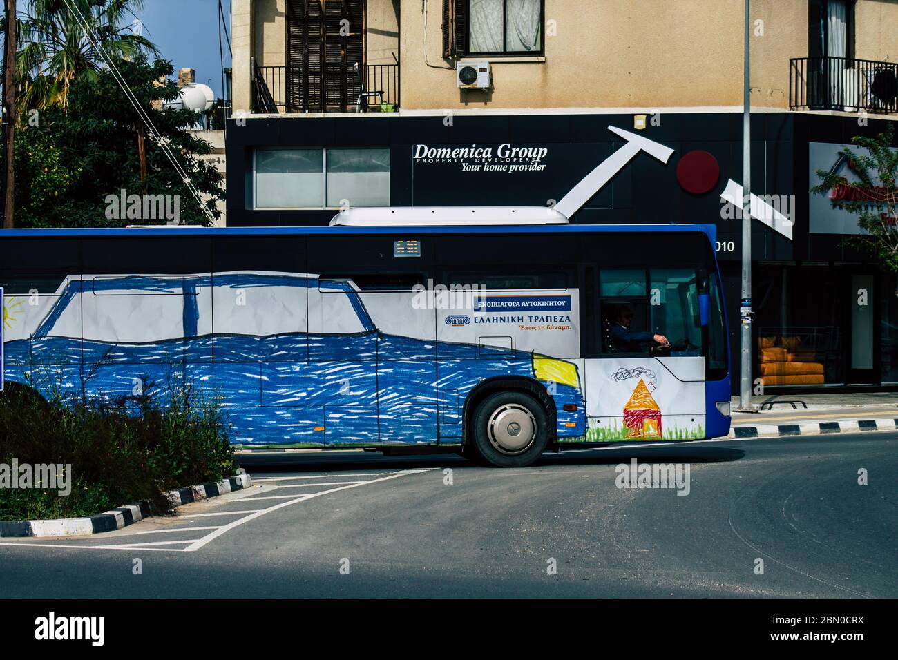 Paphos Cyprus March 06, 2020 View of a traditional public bus rolling ...