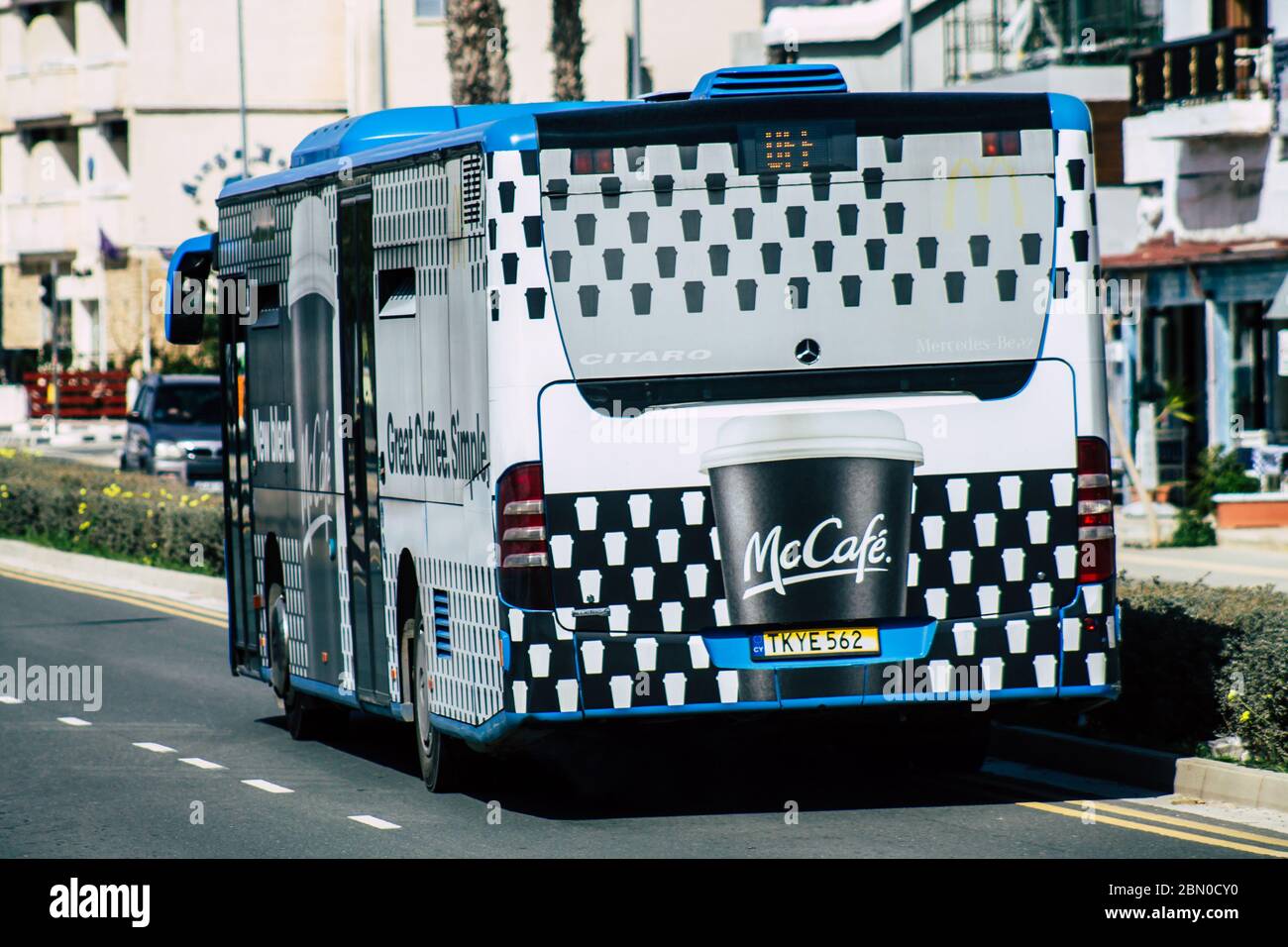 Paphos Cyprus March 06, 2020 View of a traditional public bus rolling ...