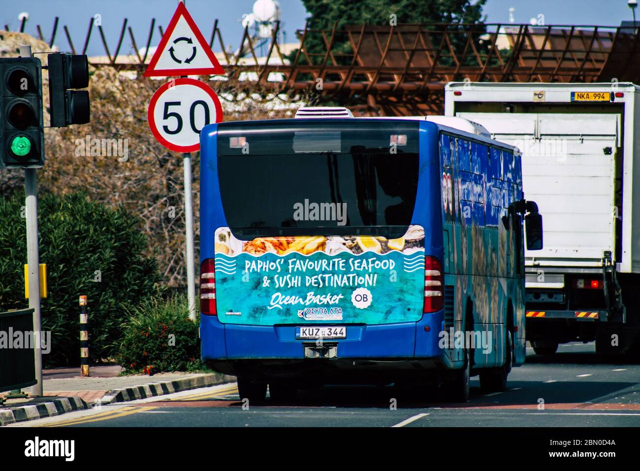 Paphos Cyprus March 06, 2020 View of a traditional public bus rolling ...