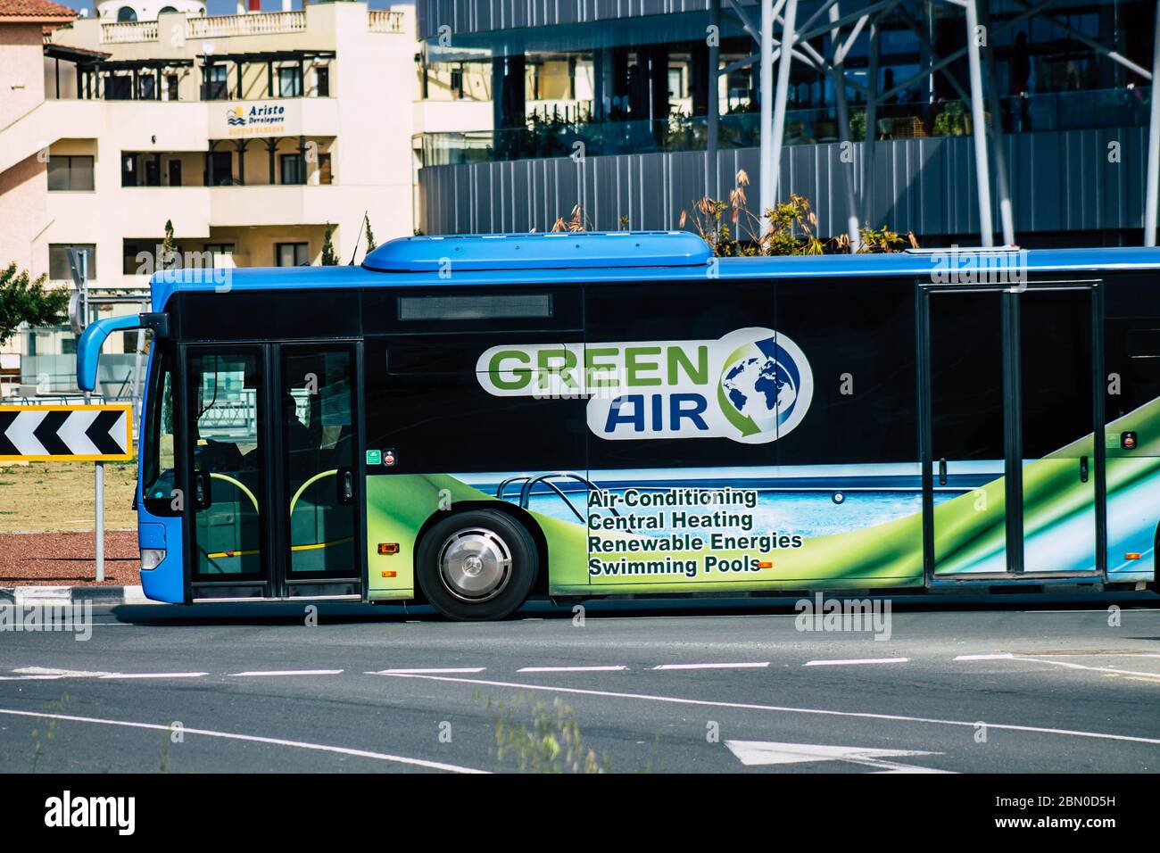 Paphos Cyprus March 06, 2020 View of a traditional public bus rolling ...
