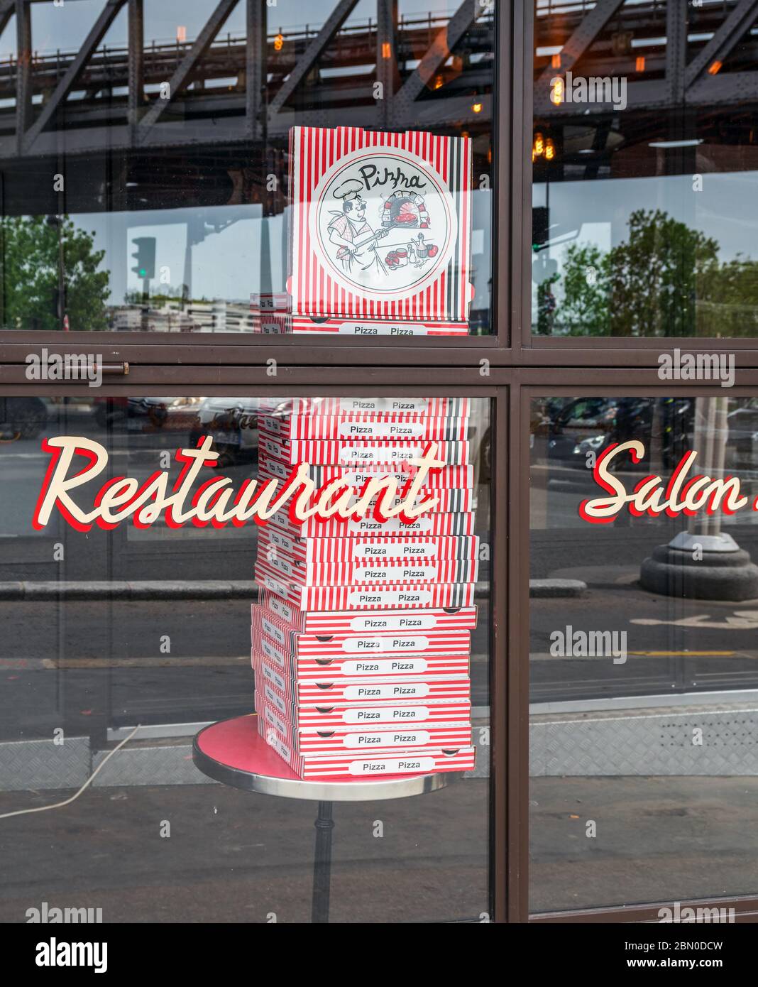Stack of pizza boxes in a restaurant during Coronavirus Lockdown in ...