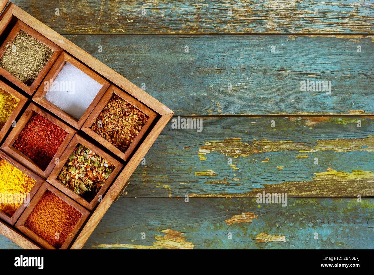 Colorful spice various seasoning spicy in wooden box top view Stock ...