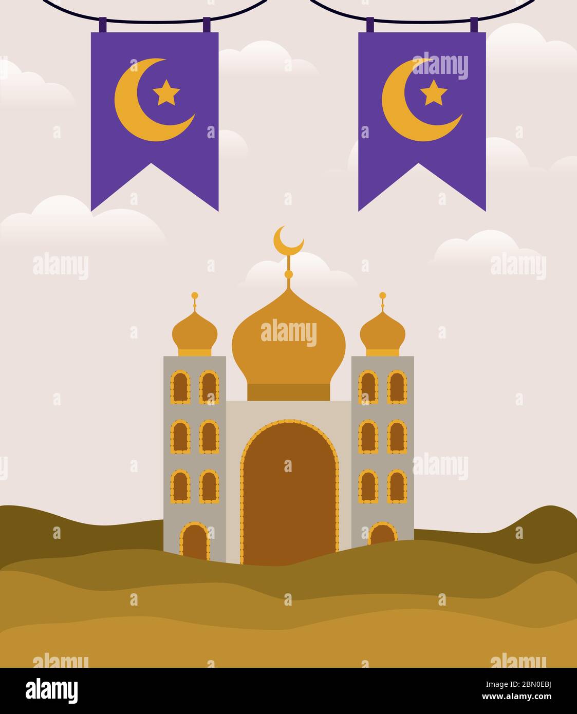 Eid mubarak temple with moon and banner pennant vector design Stock ...
