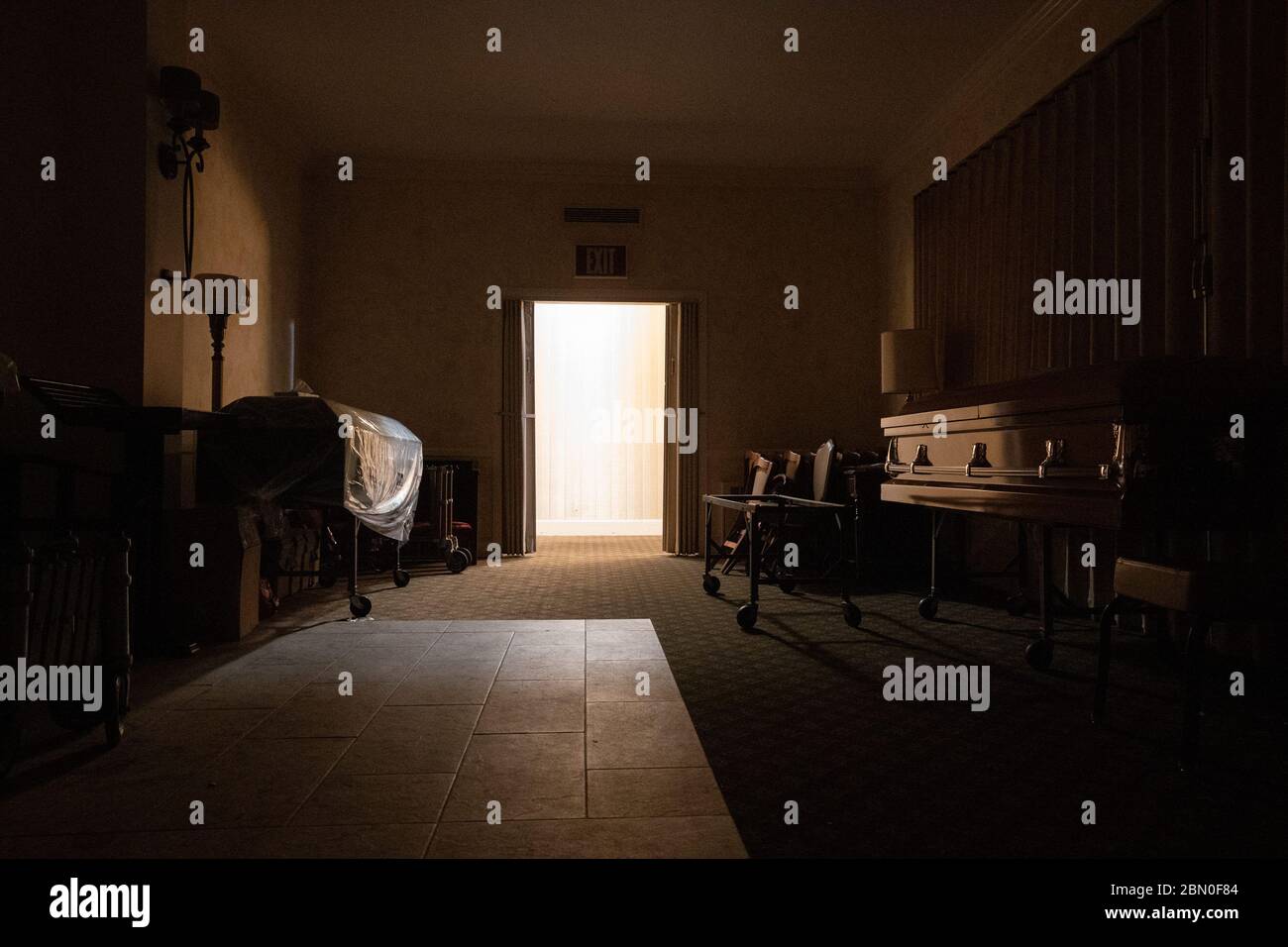 New York, NY, USA. 11th May, 2020. An empty casket in a room at the ...