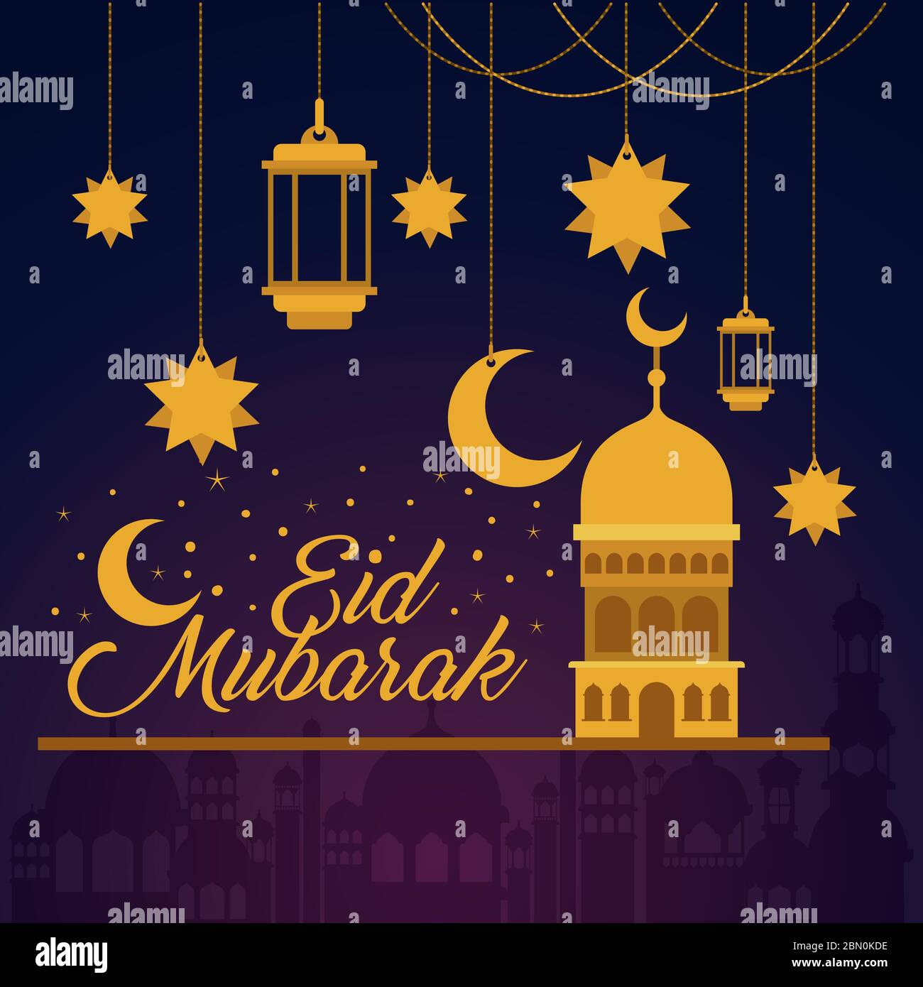 Eid mubarak temple lanterns stars and moon hanging vector design Stock ...