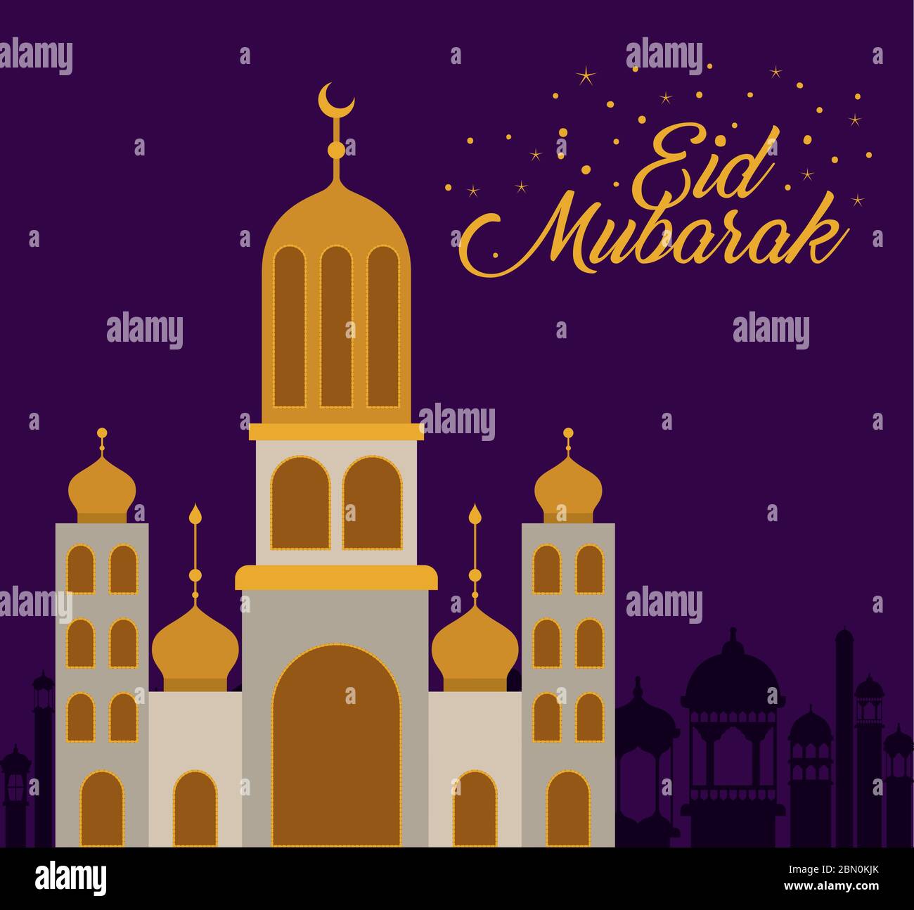 Eid mubarak temple with moon and city buildings vector design Stock ...