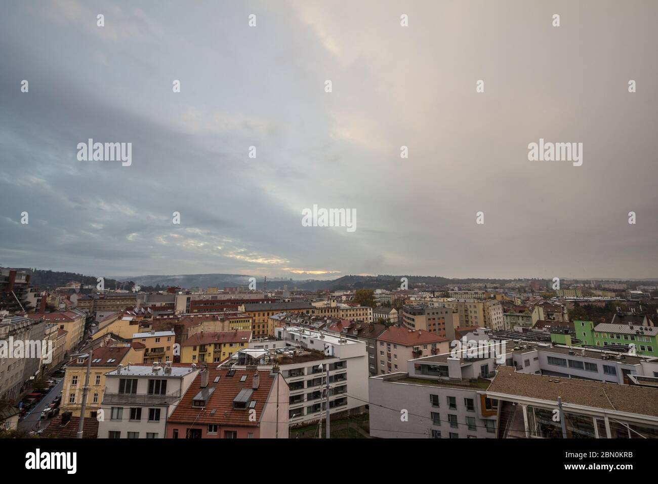Aerial panorama of Brno, Czech Republic, with a focus on a residential ...
