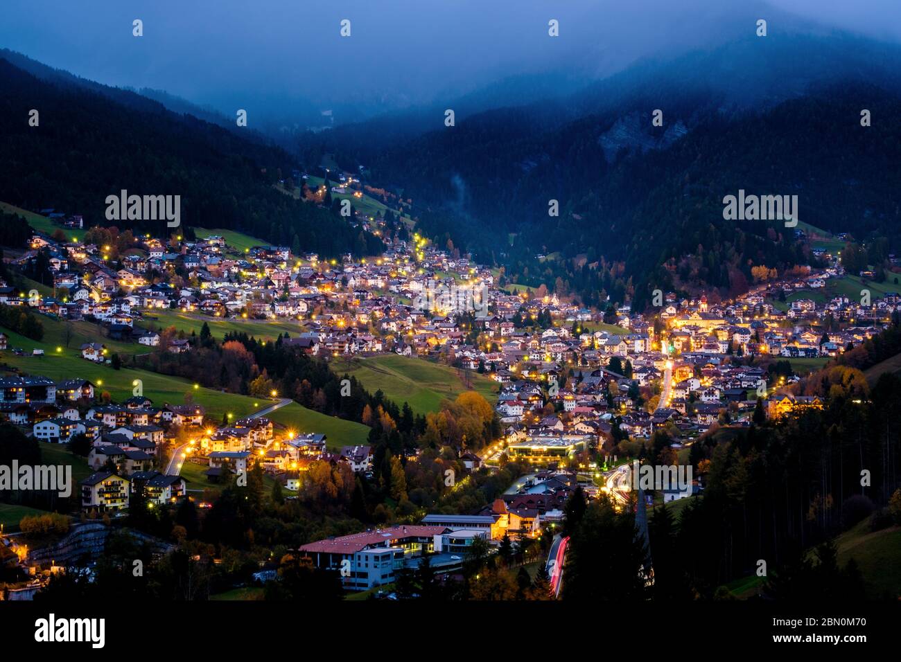 Ortisei cityscape during twilight in Val Gardena, Dolomites alps-Italy ...