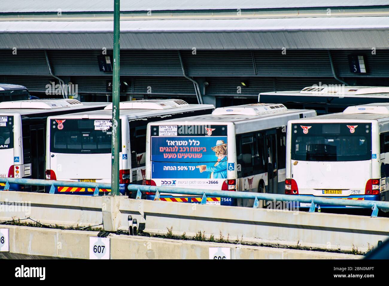 Tel Aviv Israel February 14, 2020 View of buses parked at central ...