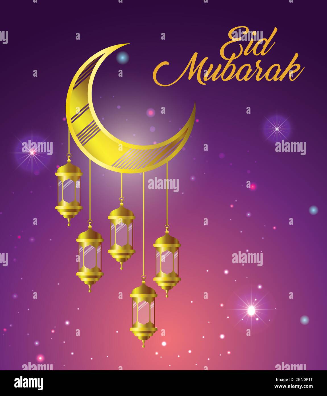 Eid mubarak gold moon with lanterns and stars and shining vector design ...