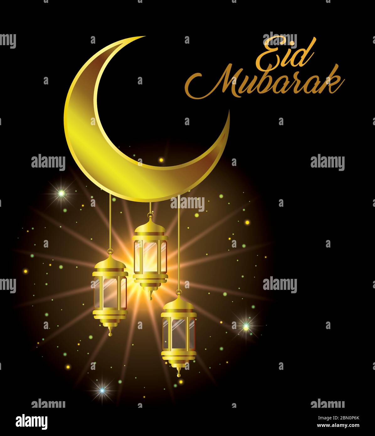 Eid mubarak gold moon with lanterns and stars and shining vector design ...