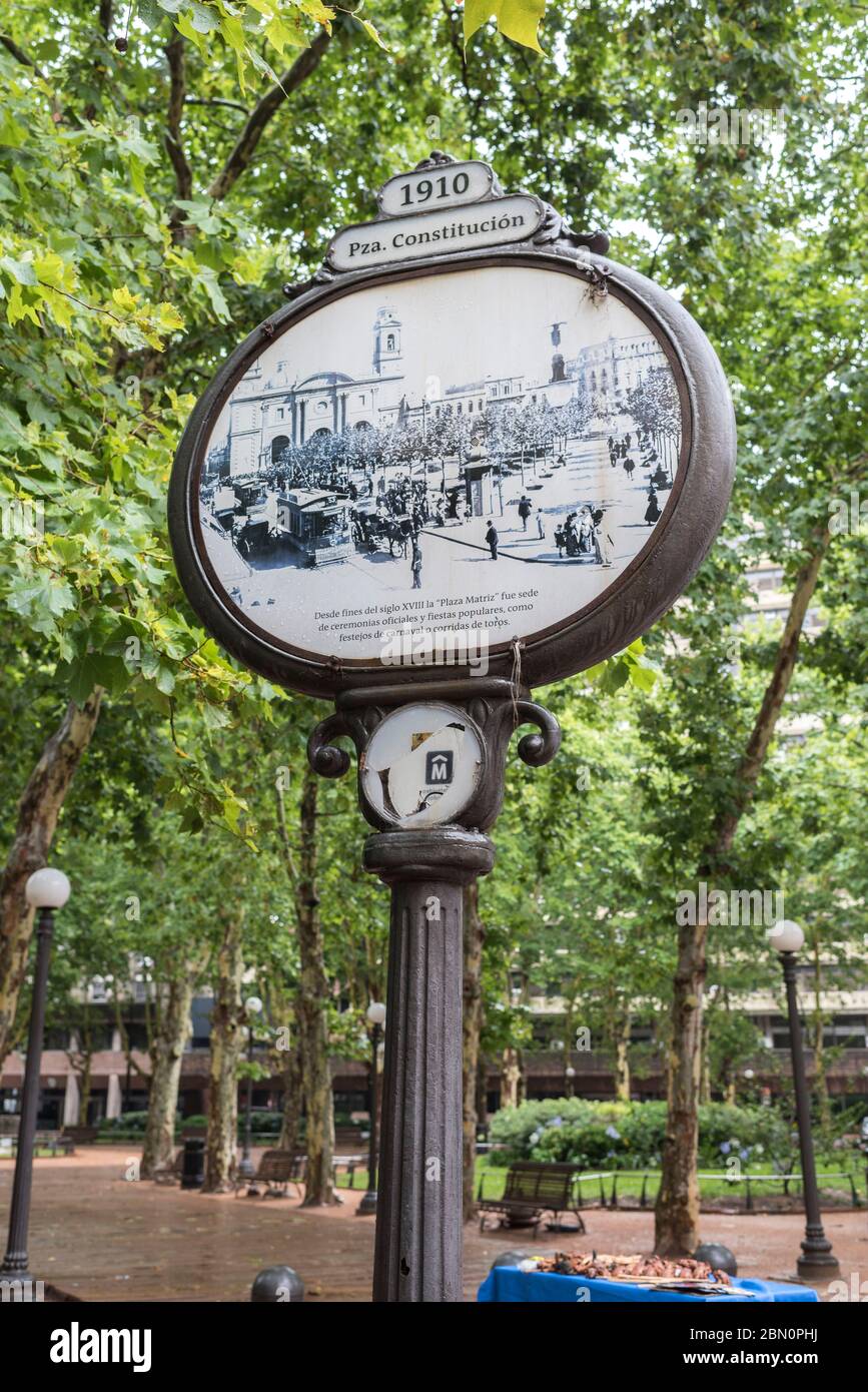 Montevideo / Uruguay, Dec 29, 2018: sign with historical information ...