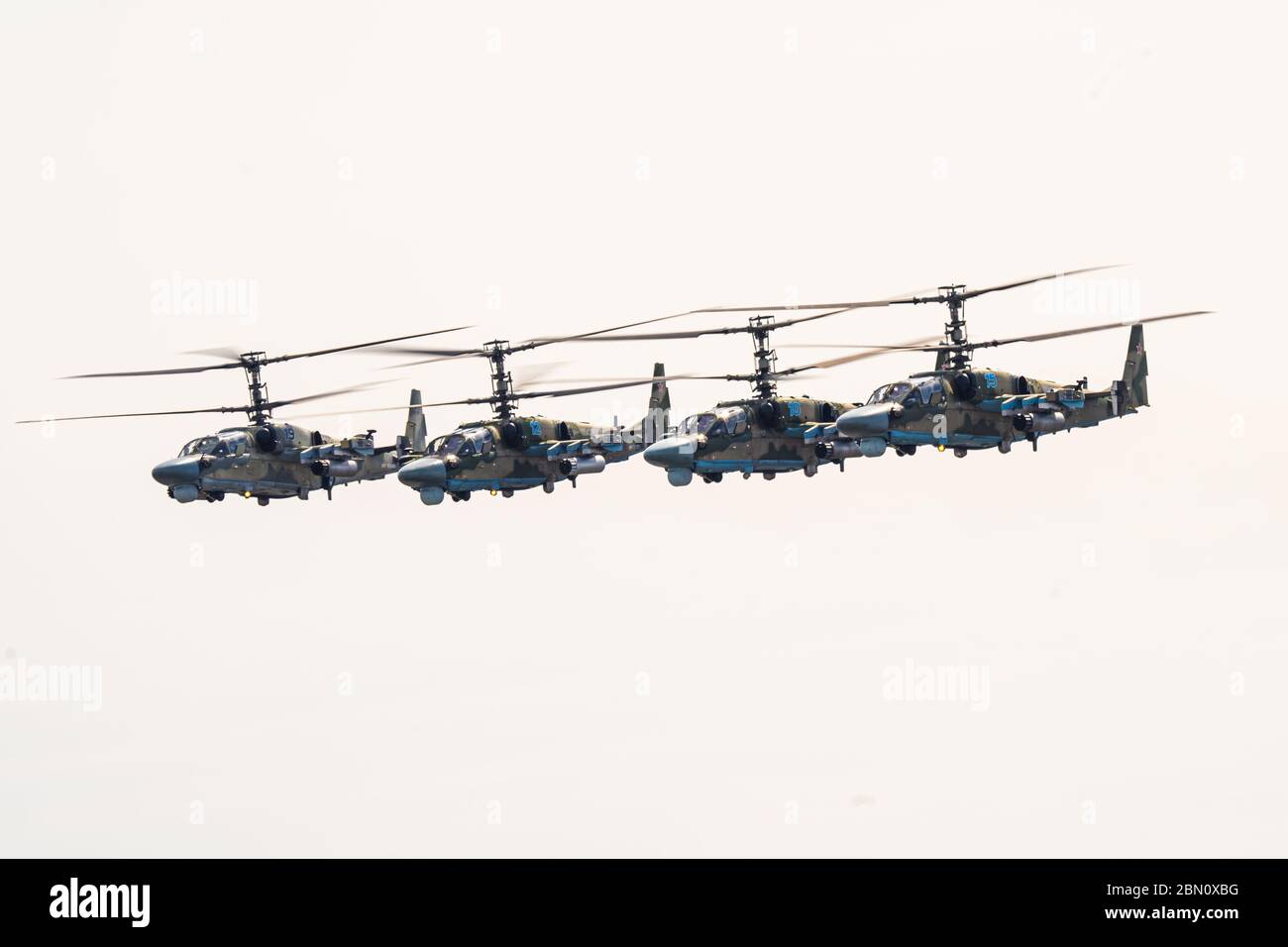 Russia, Khabarovsk - May 9, 2020: K-52 helicopters alligator fly in ...