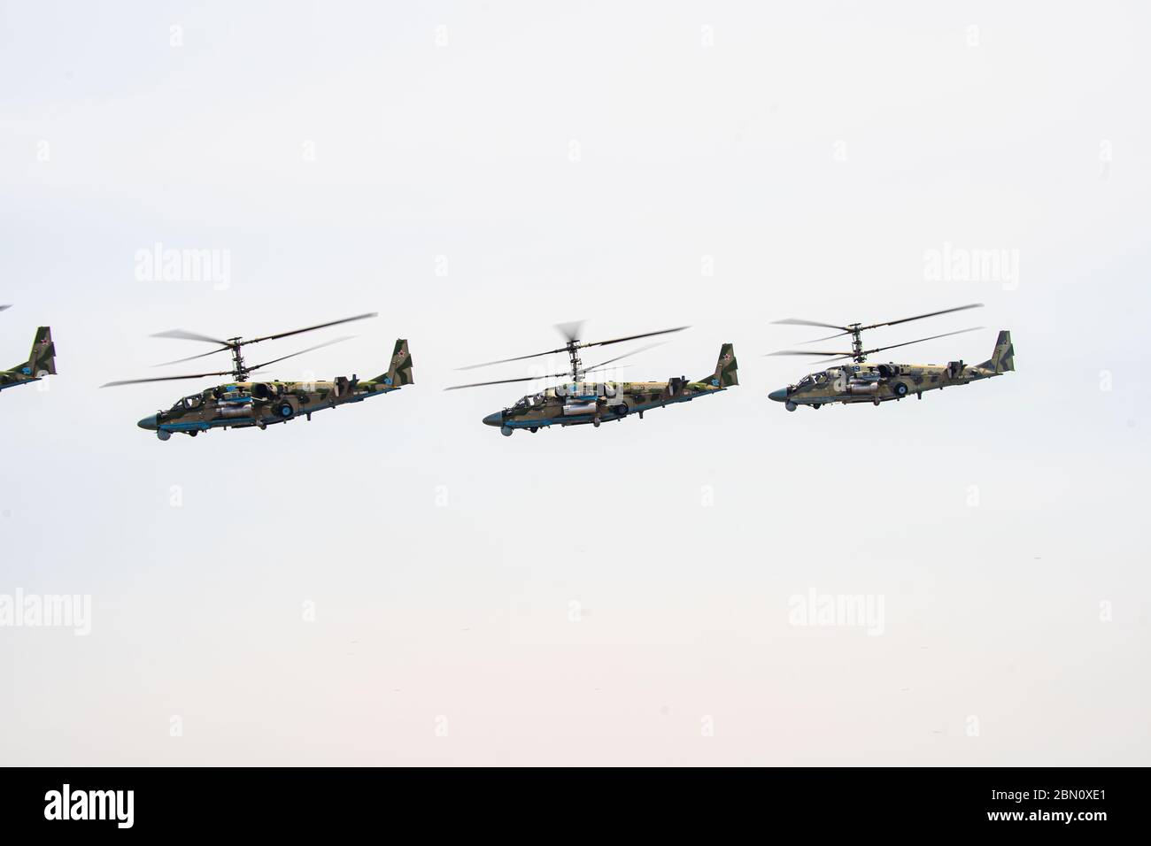 Russia, Khabarovsk - May 9, 2020: K-52 helicopters alligator fly in ...