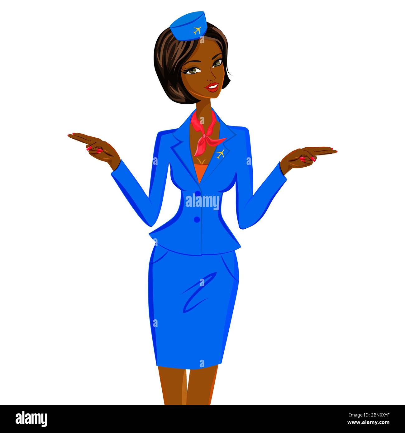 Cute cheerful dark skin female flight attendant in blue and red uniform ...