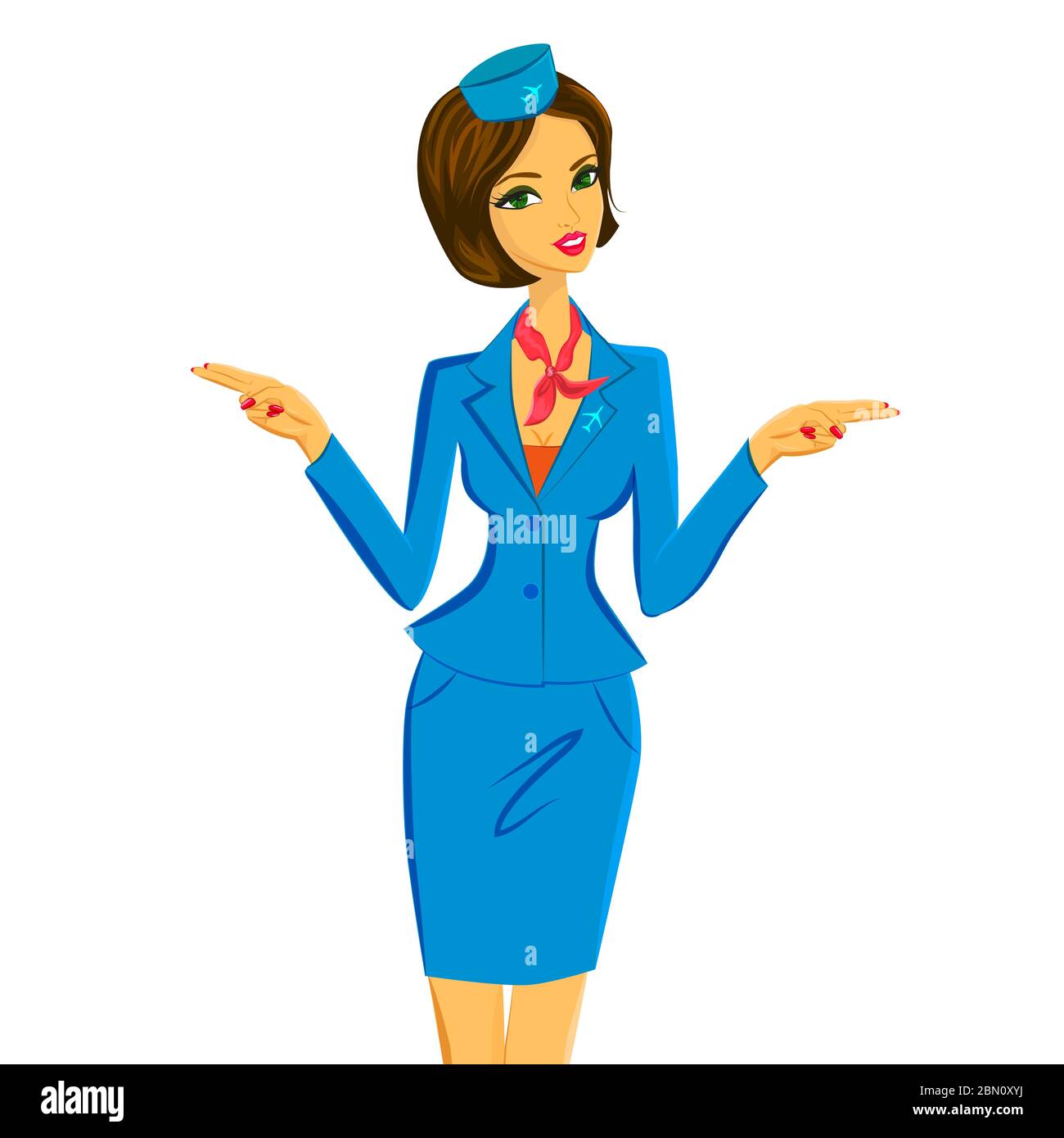 Cute cheerful female flight attendant in blue and red uniform gesturing ...