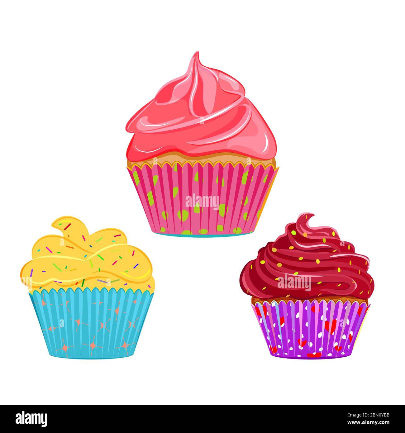 Set of vector cupcakes, muffins with different toppings and cases ...