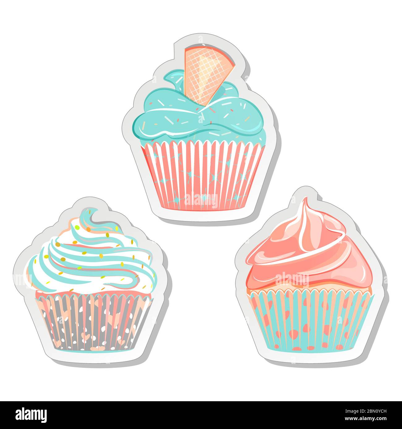 Food sticker set. Collection of vector labels of cupcakes, muffins with ...