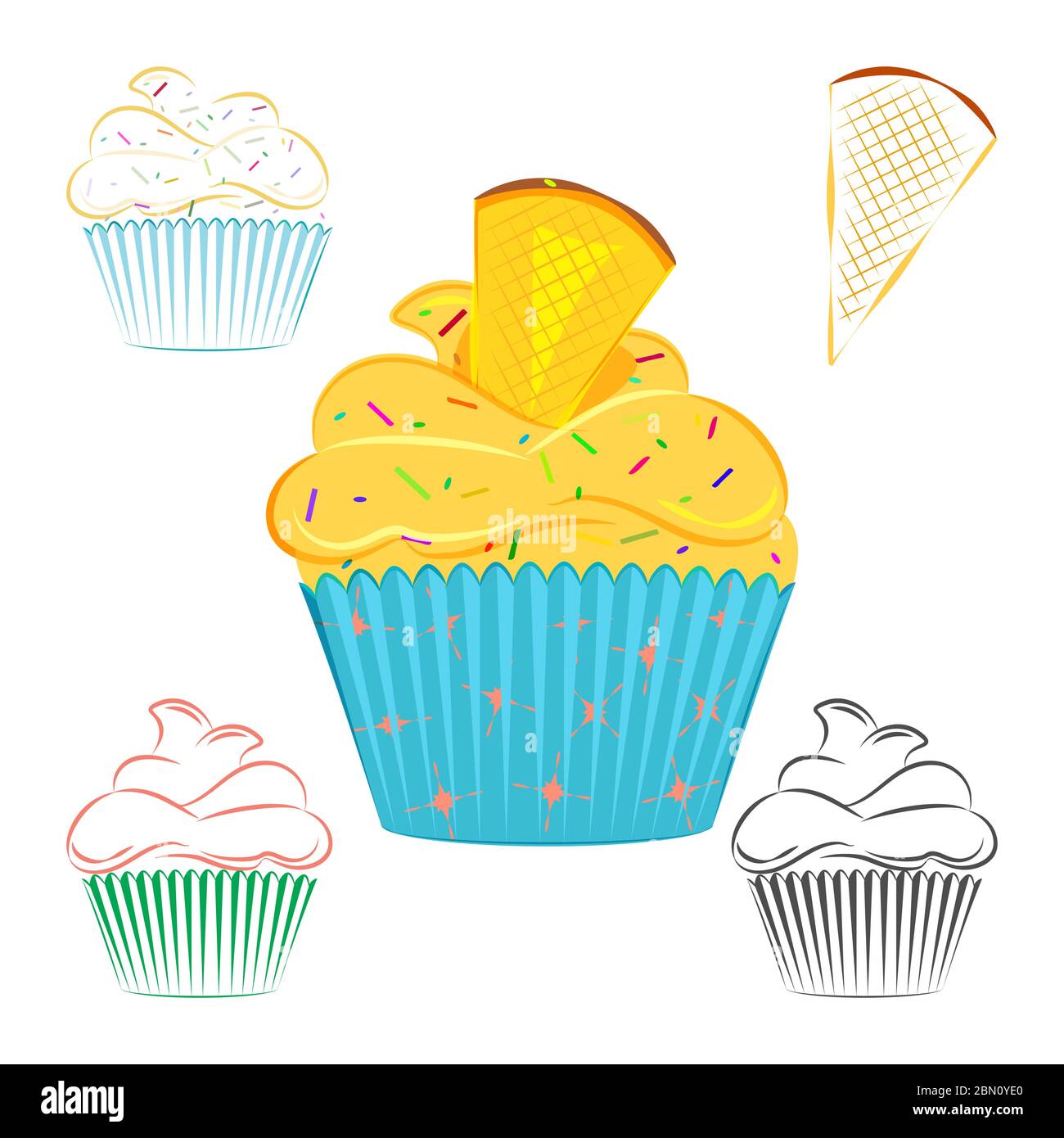 Cream topping and waffle cupcake set isolated on white. Cream muffin ...