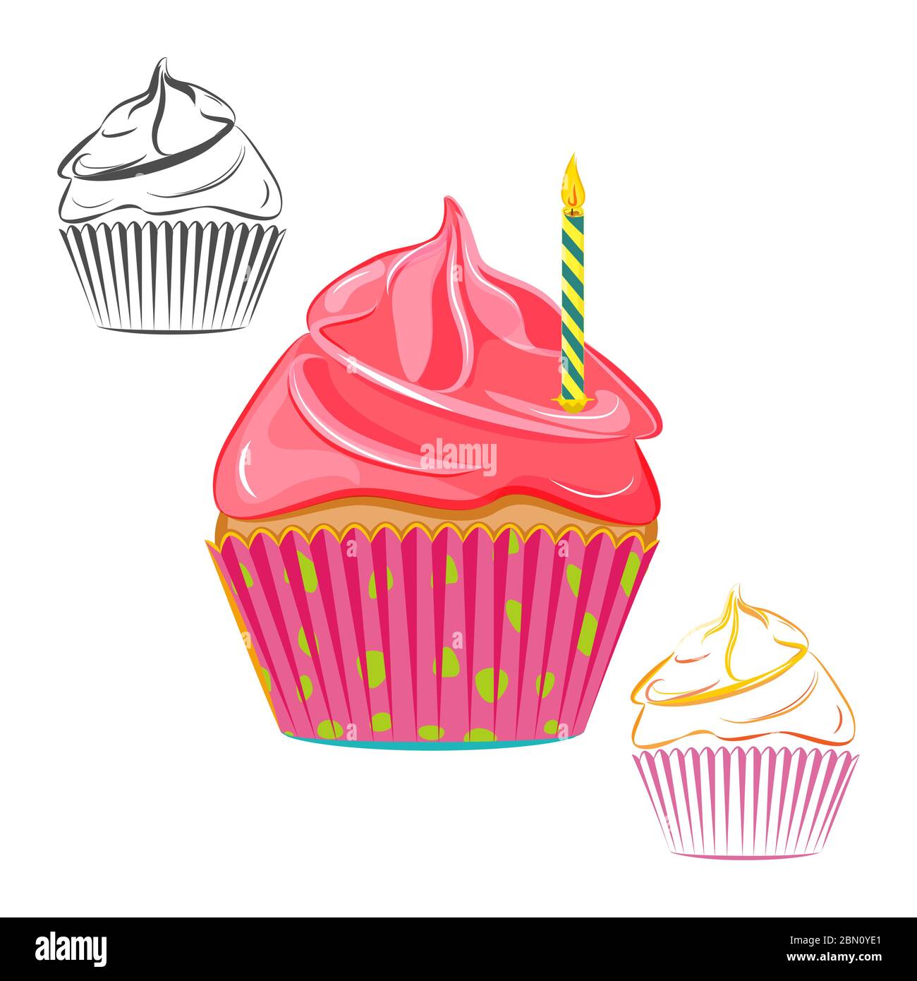 Birthday candle cupcake set isolated on white. Pink topping muffin ...