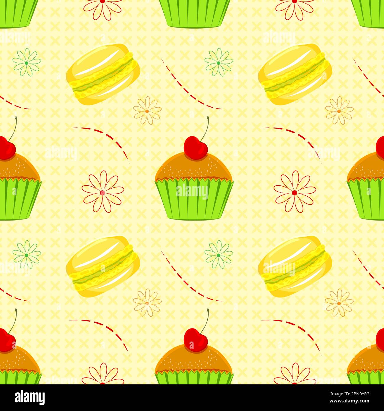 Elegant vector seamless pattern with cherry cupcakes and macaroons. Unique and elegant seamless ...