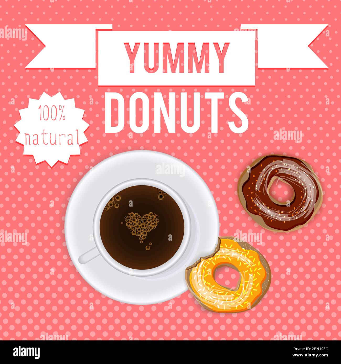 Breakfast. Donuts and coffee cartoon vector poster, package design ...