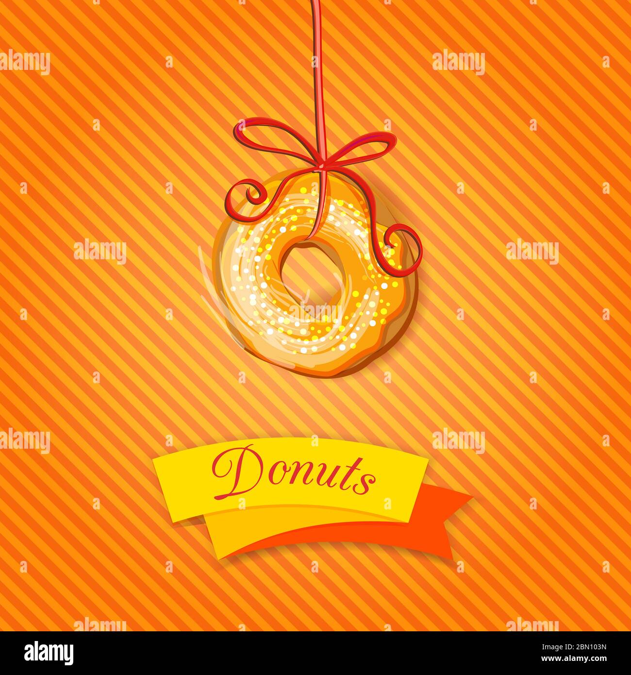 Vector bakery banner, flyer featuring colourful donut hanging on a ...