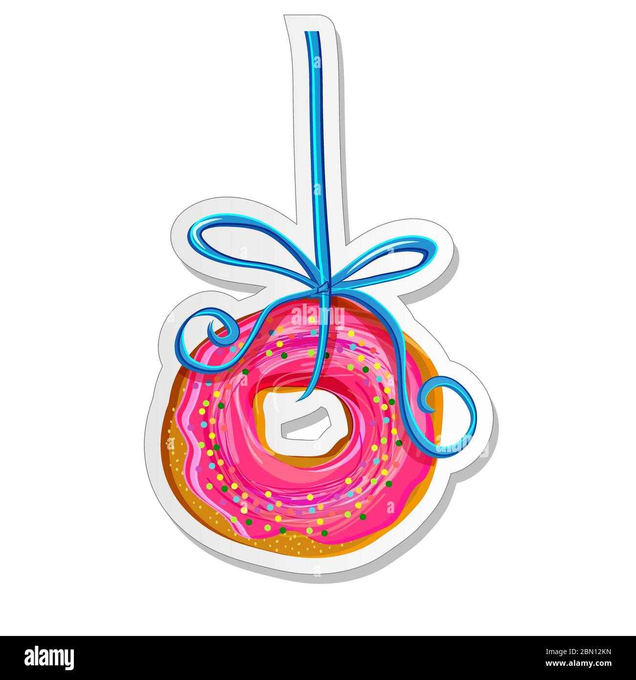 Food label or sticker Donut on a ribbon. Cartoon donut bagel candy ...