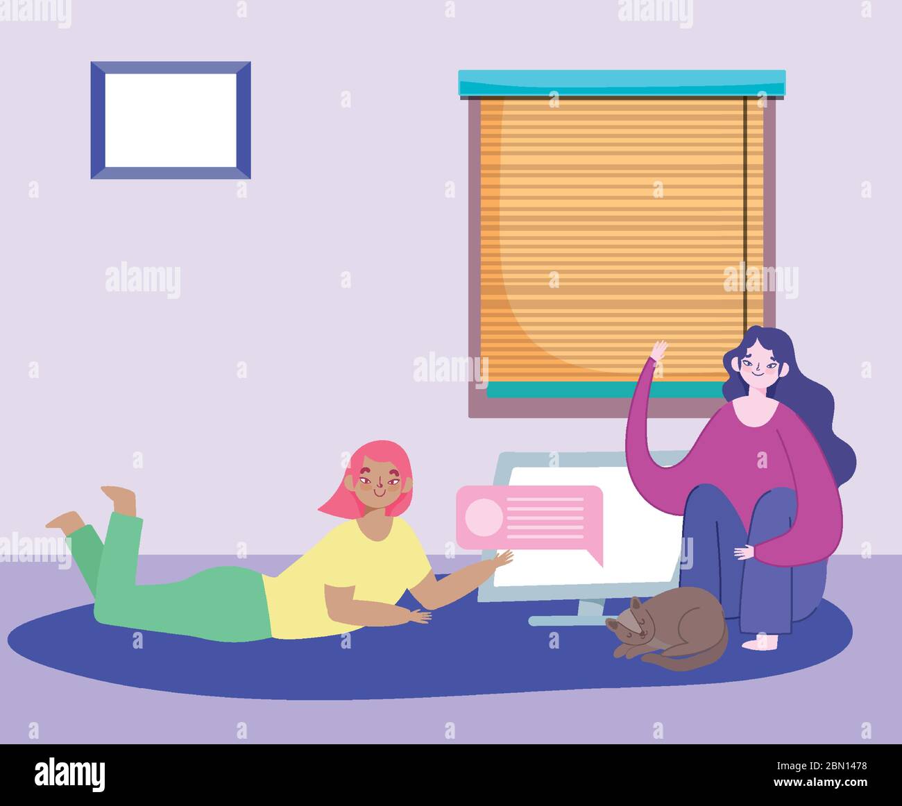 working remotely, women cartoon on floor with computer and cat vector ...