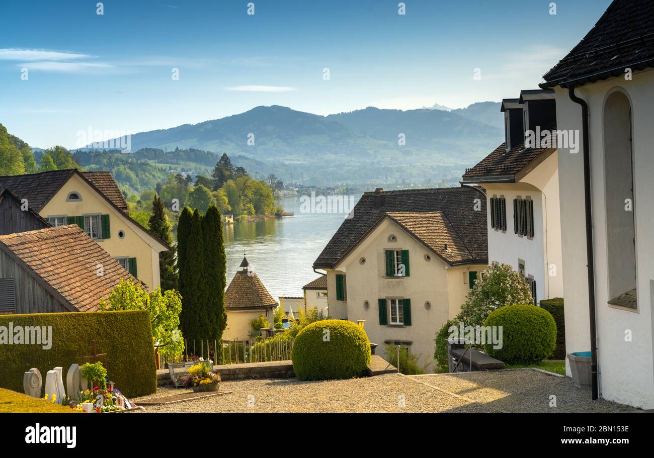The historical village of Bollingen, on the shores of the Upper Zurich ...