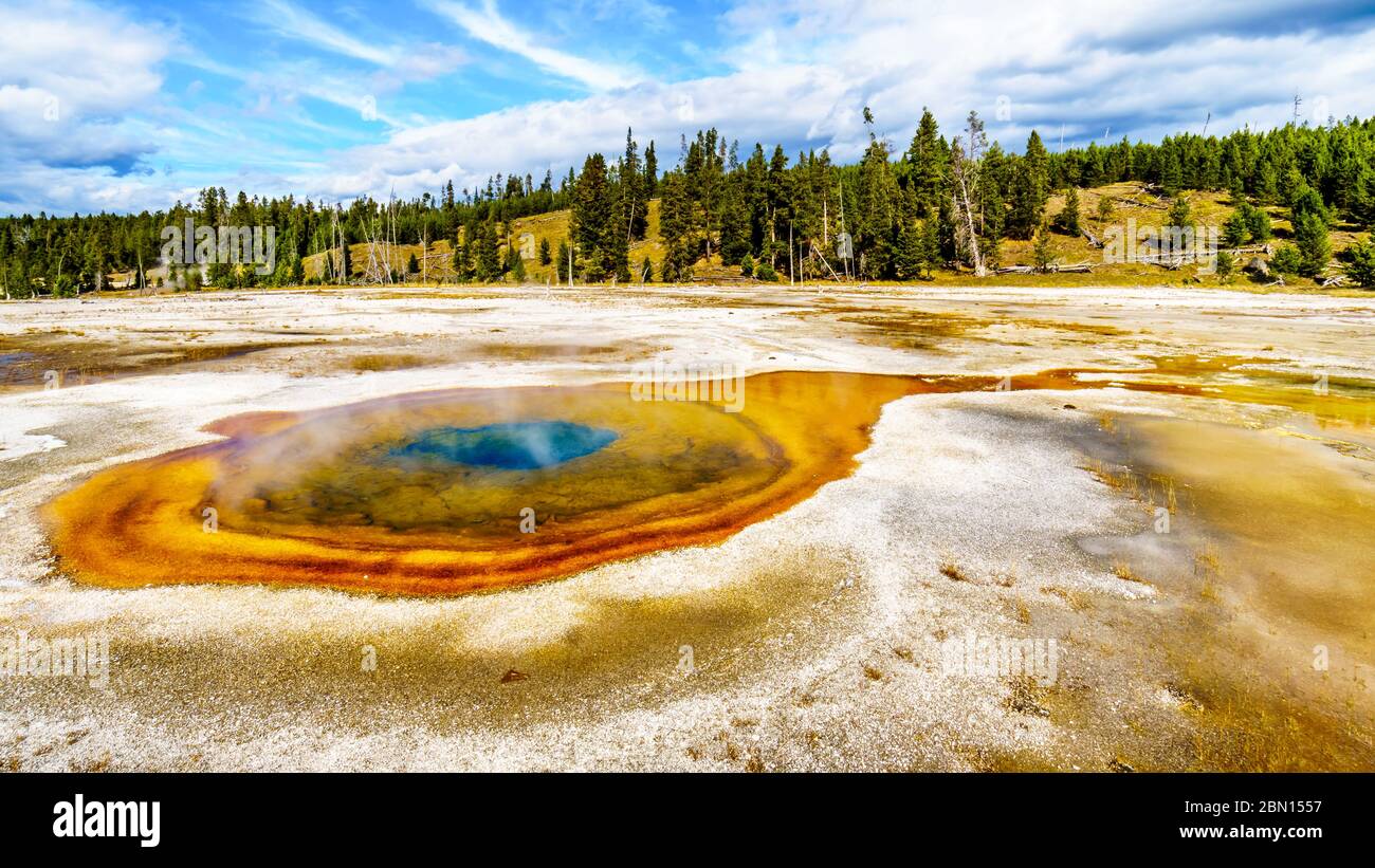 The colorful minerals in the Chromatic Pool in the Upper Geyser Basin ...