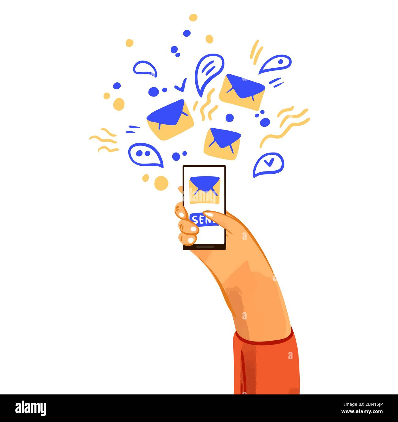 Hand with phone vector cartoon illustration. Smartphone with messenger ...